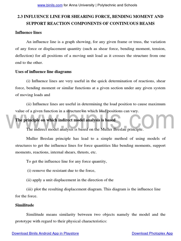 CE8602 Unit 2 Influence Line For Shearing Force Continuous Beam | PDF | Bending | Mechanical ...