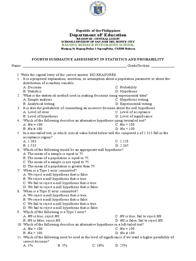 Summative Test in General Mathematics | PDF | Type I And Type Ii Errors ...