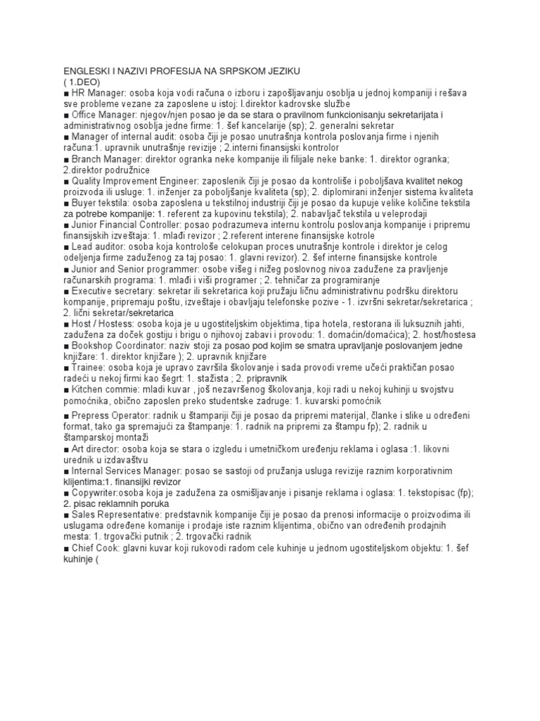 Engleski I Nazivi Profesija Na Srpskom Jeziku | PDF