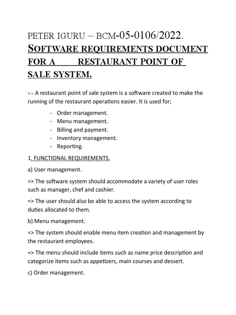 Peter Iguru POS Document and DFD of A Restaurant | PDF | Point Of Sale | Menu