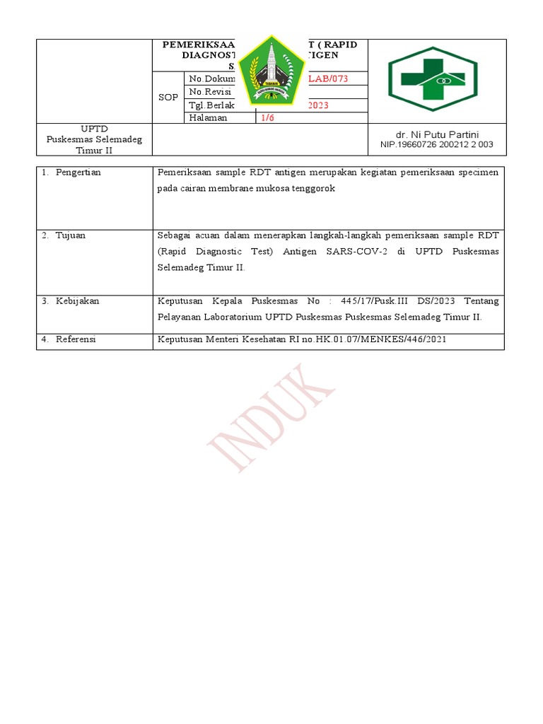 73. Sop Pemeriksaan RDT | PDF