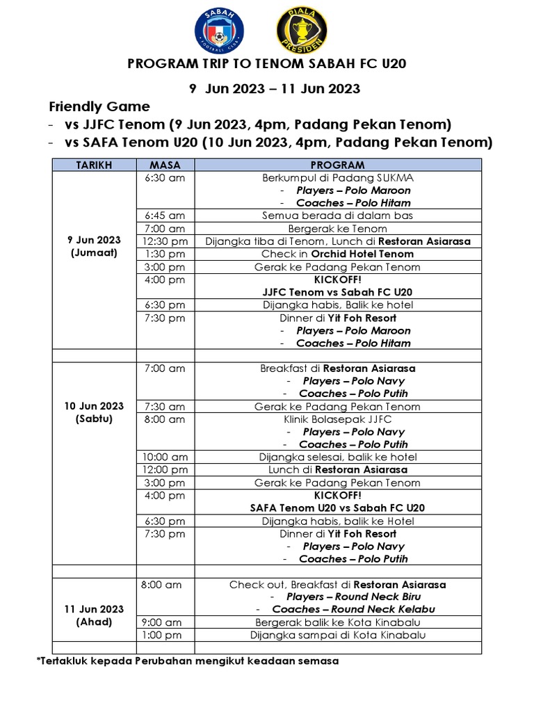 PROGRAM TRIP TO TENOM SABAH FC U20 (9 - 11 Jun 2023) Updated | PDF