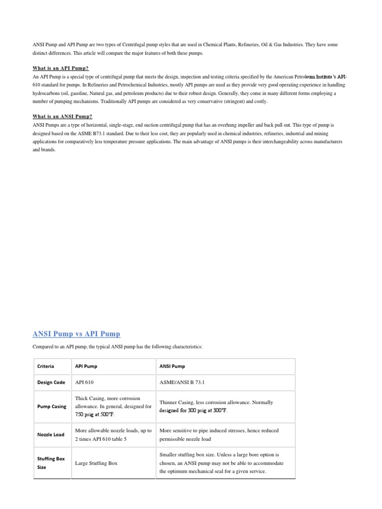 API Vs Ansi Pumps | PDF | Pump | Oil Refinery