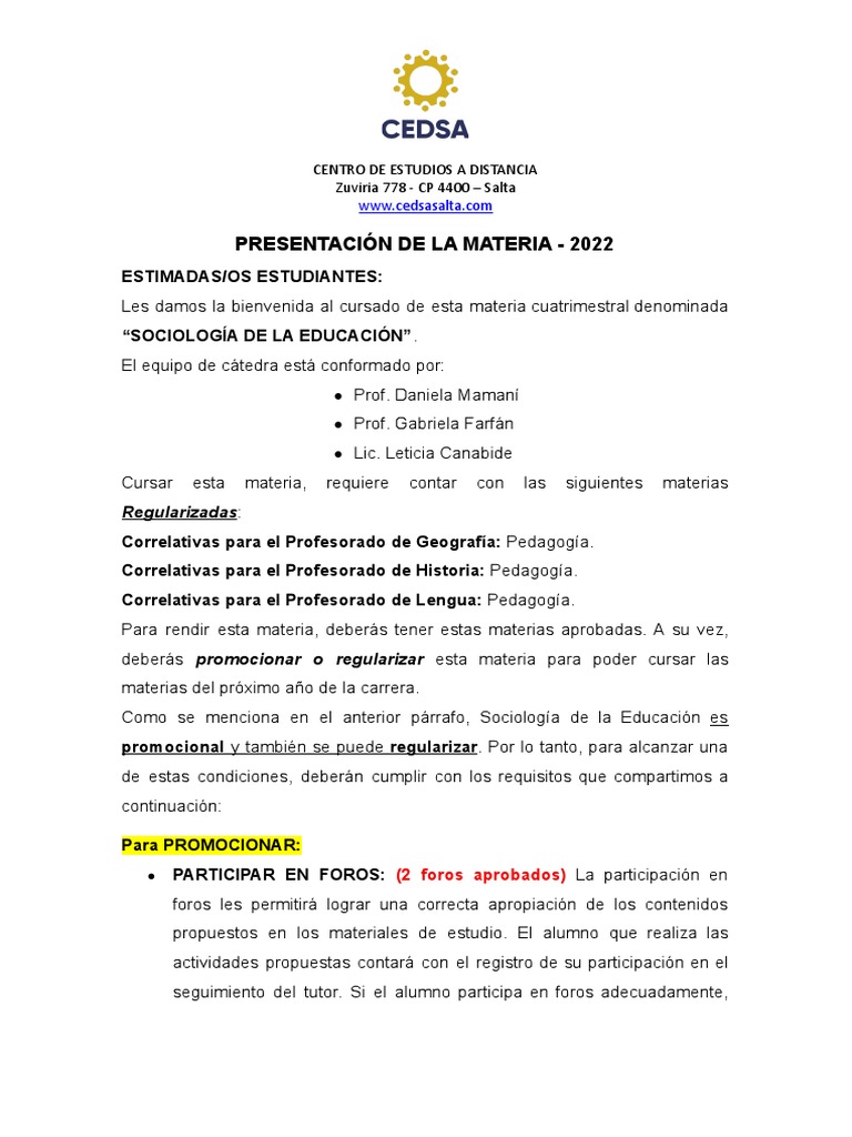 Presentación de La Materia-Sociologia de La Educ 2022 | PDF | Science