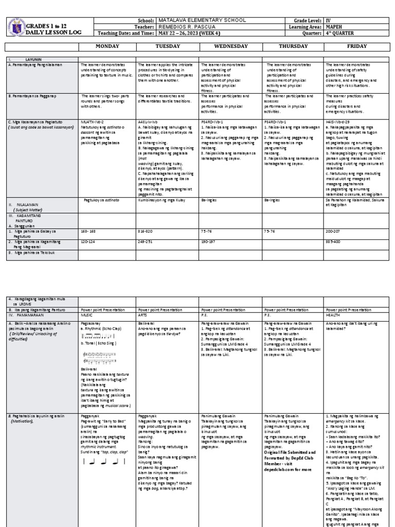 DLL - Mapeh 4 - Q4 - W4 | PDF
