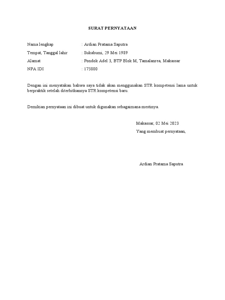 Surat Pernyataan STR | PDF