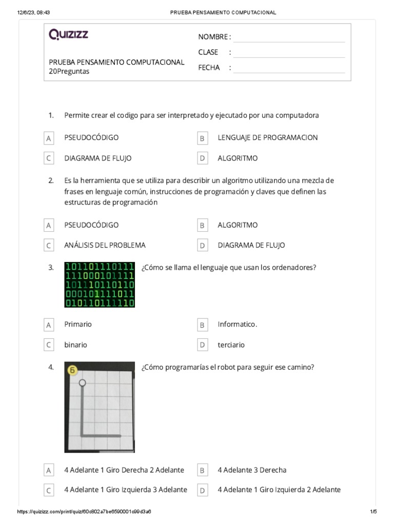 Prueba Pensamiento Computacional | PDF | Programación de computadoras | Algoritmos