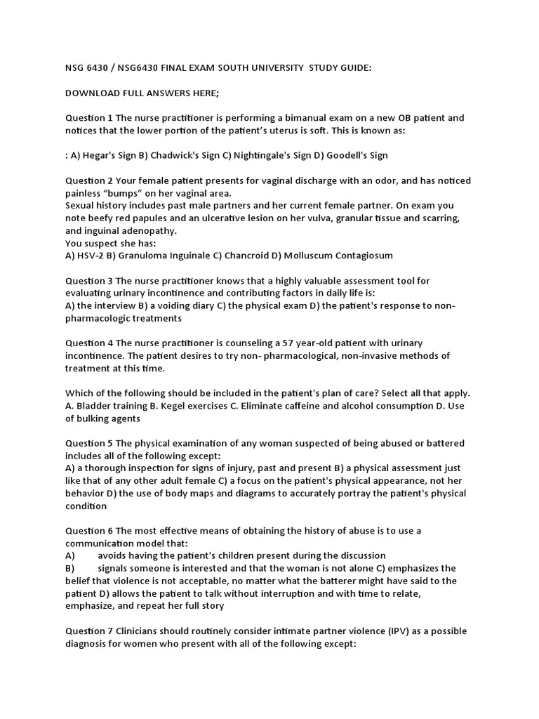 NSG6430 Final Exam South University Study Guide | PDF