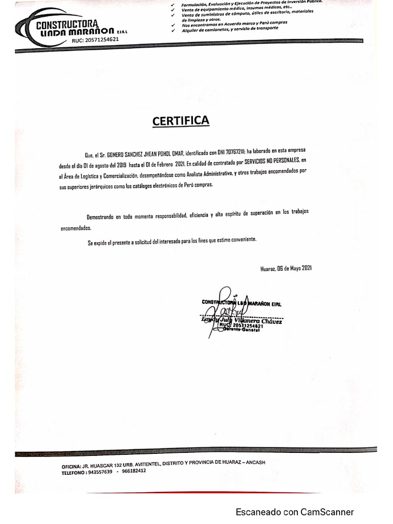Certificado de CONSTRUCTORA LINDA MARAÑON | PDF