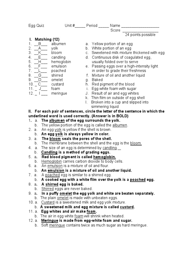 Egg Quiz Key | PDF | Egg As Food | Egg White