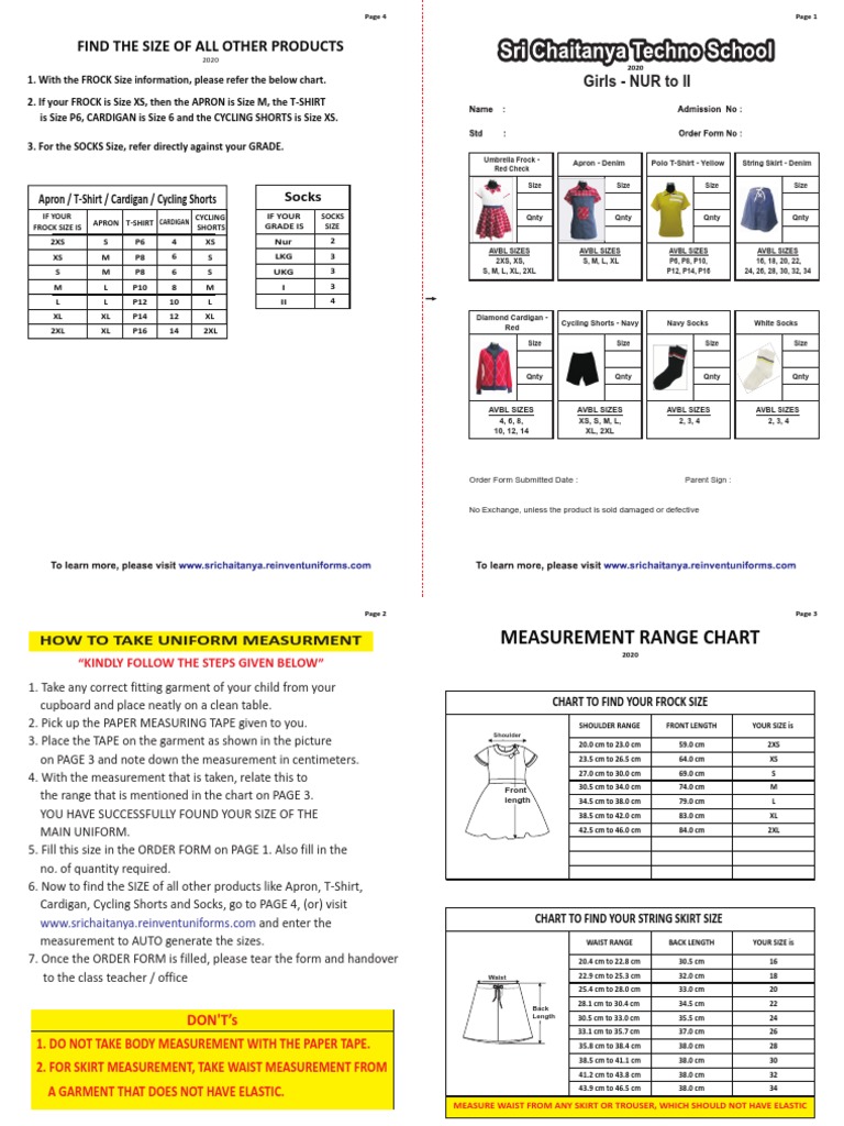 CBSE School Uniform Size Chart | PDF | Skirt | Trousers