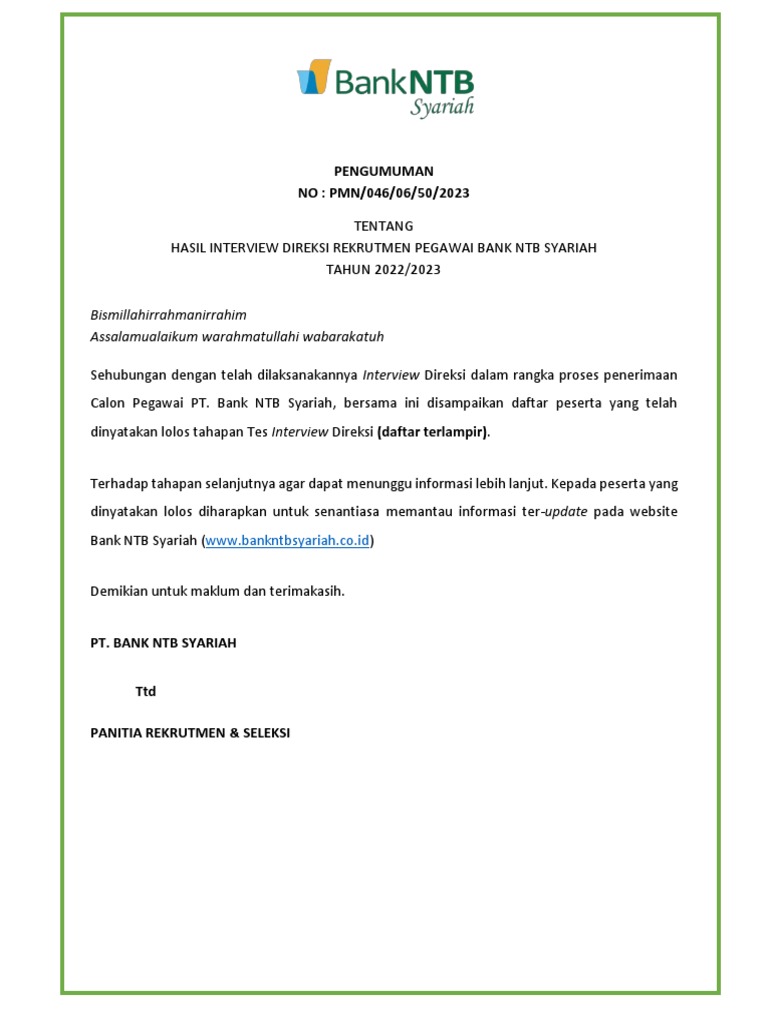 Pengumuman Hasil Interview Direksi Rekrutmen Pegawai Bank NTB Syariah Tahun 2022 2023 1594 | PDF ...