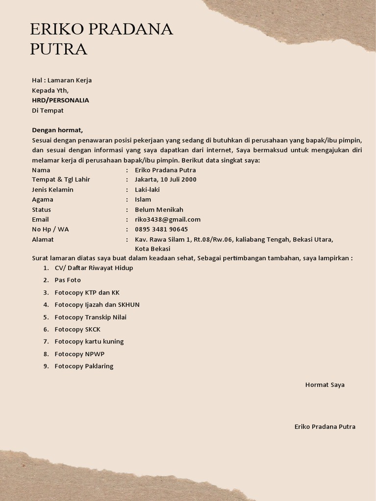 Surat Lamaran Eriko Pradana Putra | PDF