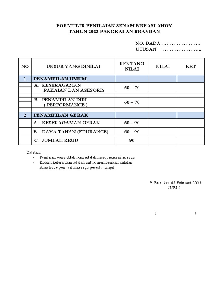 Formulir Penilaian Kreasi Teluk Bayur | PDF Formulir Penilaian Kreasi Teluk Bayur | PDF