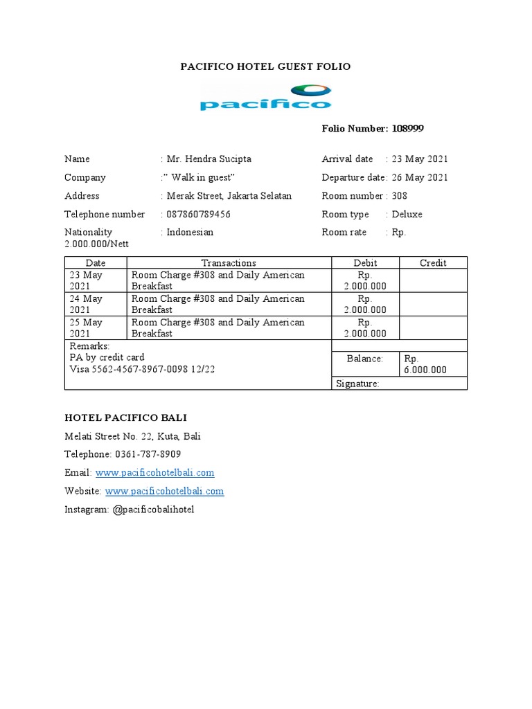 PACIFICO HOTEL GUEST FOLIO | PDF