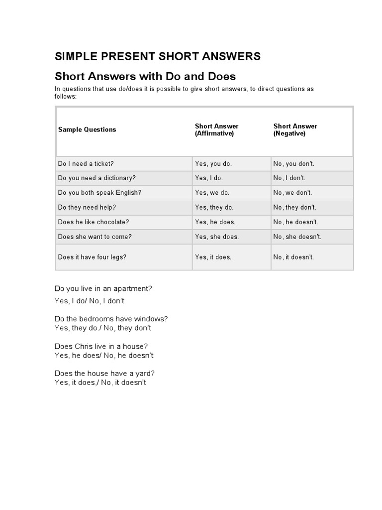Simple Present Short Answers | PDF