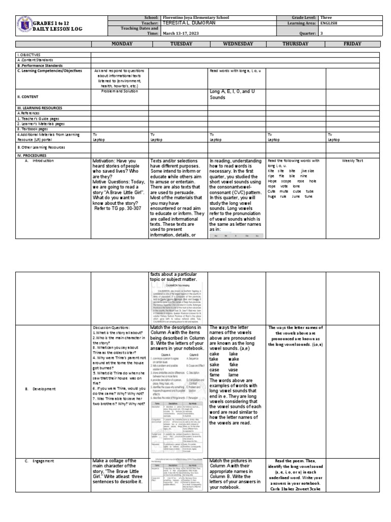 GRADES 1 To 12 Daily Lesson Log Monday Tuesday Wednesday Thursday ...