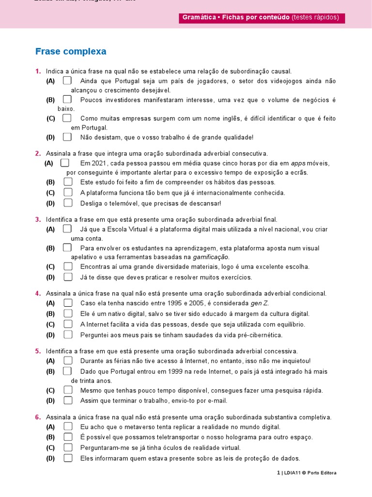 Ldia11 Gramatica Frase Complexa 1 | PDF