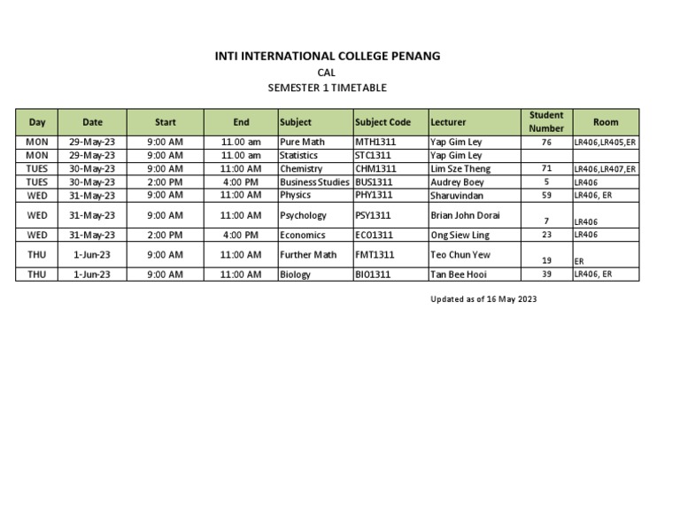 CAL SEM 1 EXAM Timetable | PDF