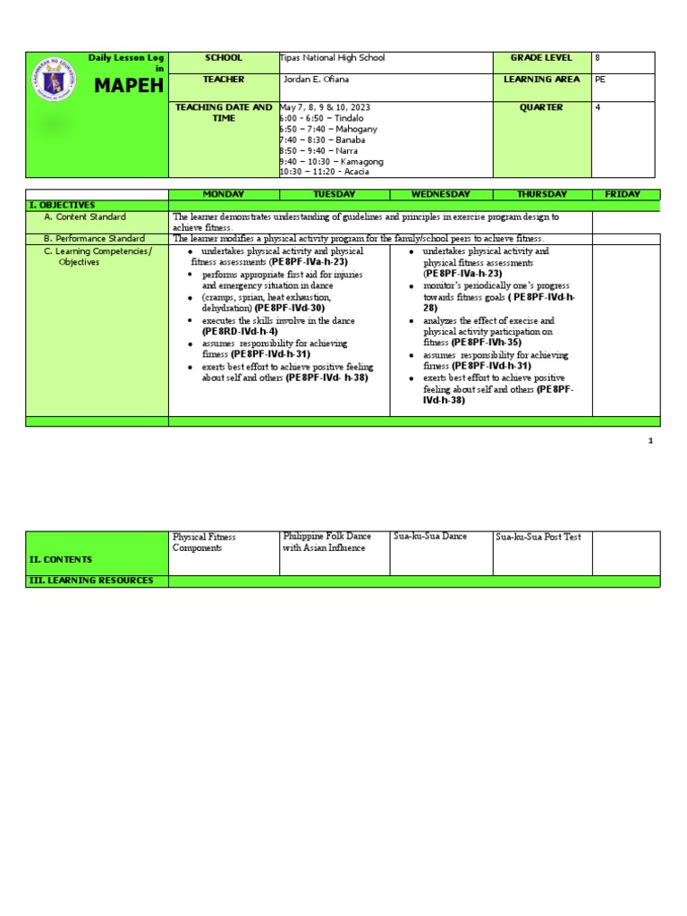 PE 8 DLL 4th QTR WEEK 1 | PDF | Learning | Dances