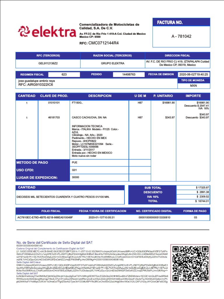 Italika Elektra Factura | PDF | Motociclismo