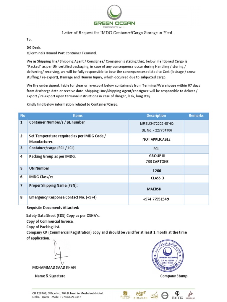 Letter of Request For IMDG Container or Cargo Storage in Yard | PDF ...
