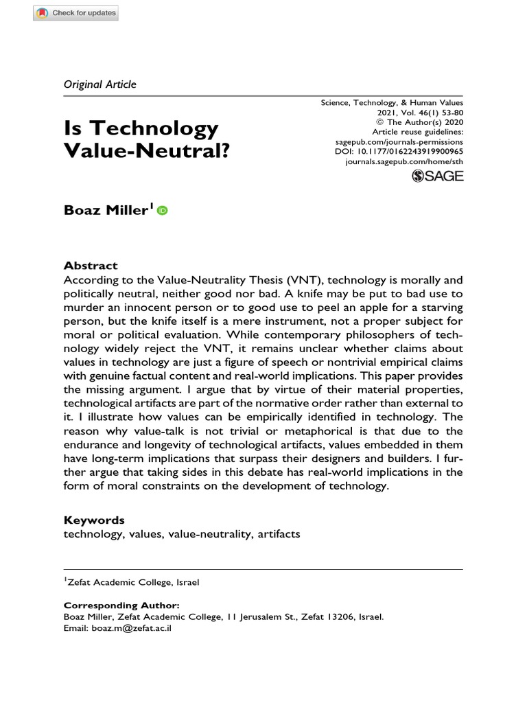 Miller 2020 - Is Technology Value-Neutral | PDF | Software Bug | Pragmatism