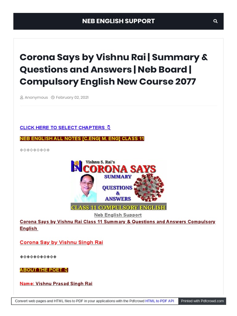 1 Corona Says by Bishnu Rai | PDF | Pandemic | Html