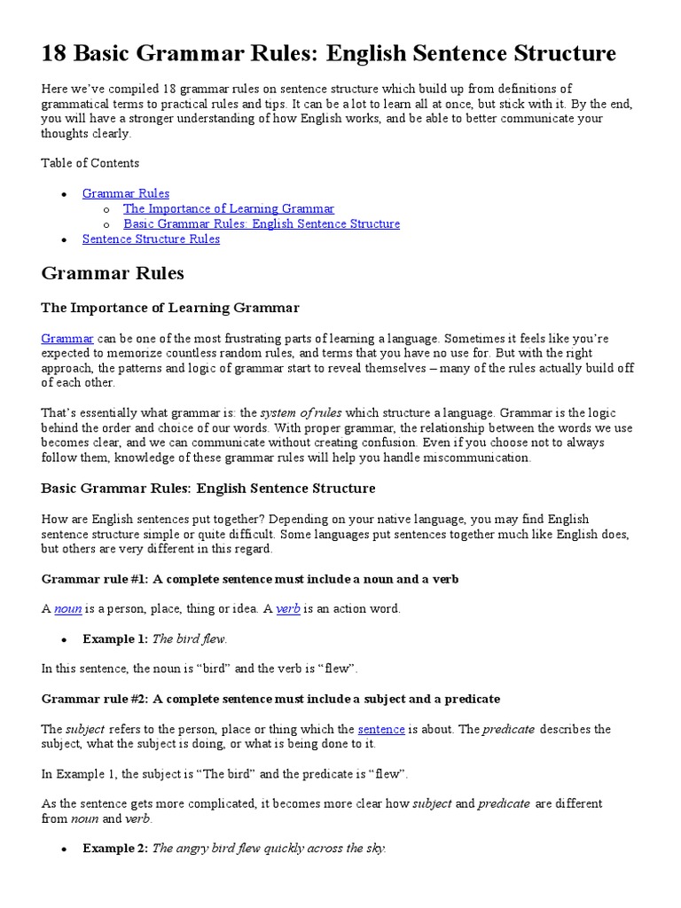 18 Basic Grammar Rules English Sentence Structure | PDF | Subject ...