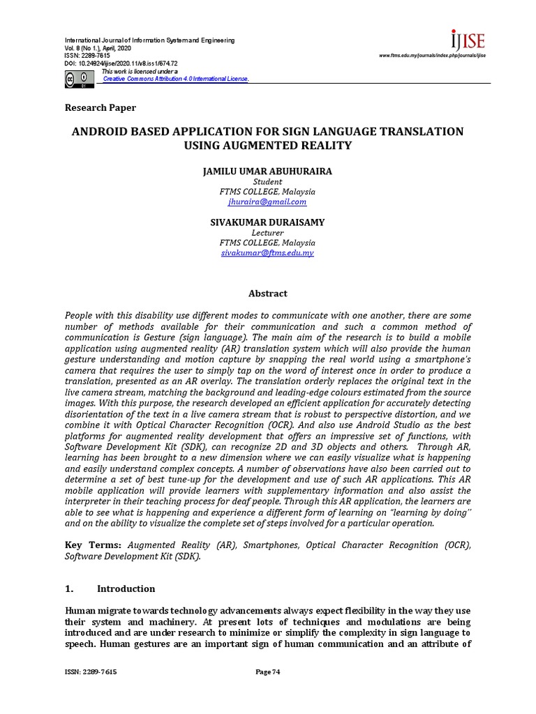 Android Based Application For Sign Language Translation Using Augmented ...