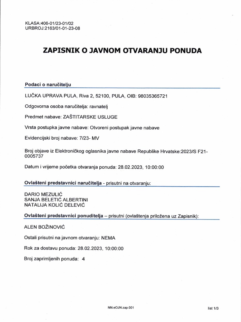 Zapisnik o Javnom Otvaranju Ponuda ( | PDF