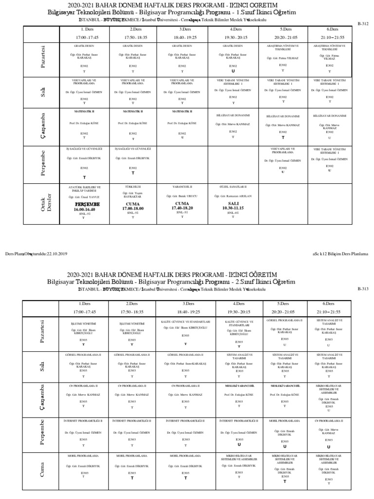 2020 2021 Bilgisayar Programciligi Bahar Haftalik Ders Programi Ikinci Ogr | PDF