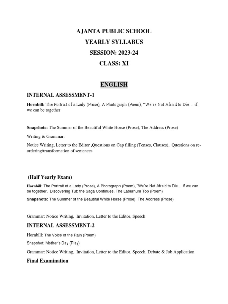 Yearly Syllabus Class Xi Pdf