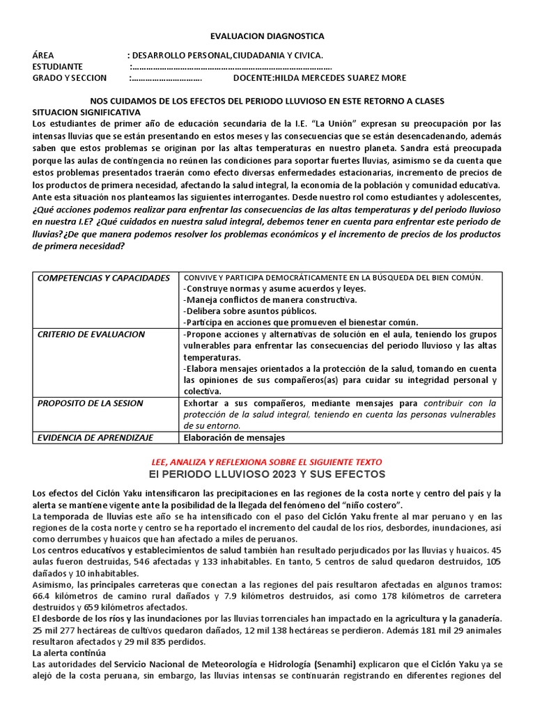 Evaluacion Diagnostica DPCC Segundo | PDF | El niño | Perú