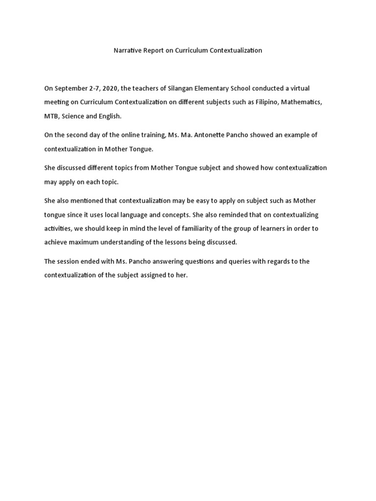 Narrative Report On Curriculum Contextualization | PDF
