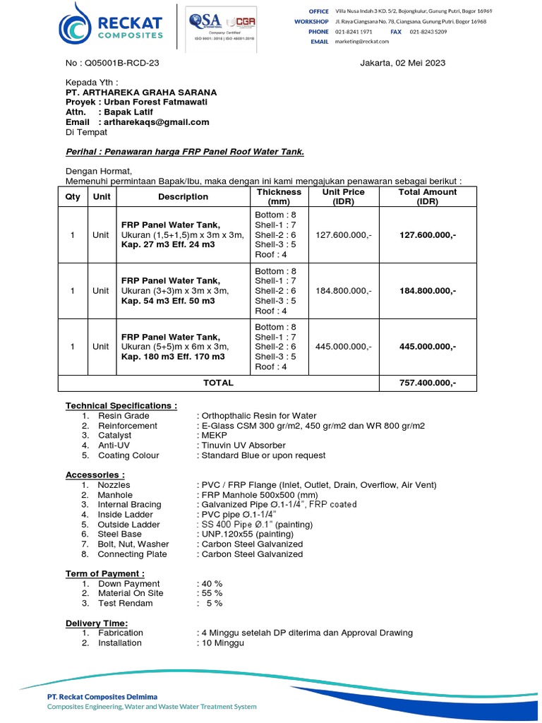 PH FRP Panel Water Tank Kap. 27 m3, Kap. 54 m3, & Kap. 180 m3 | PDF