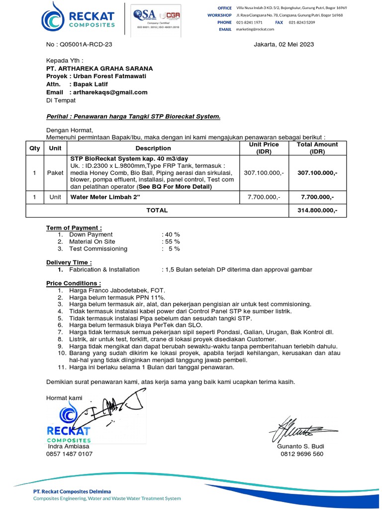 Penawaran Tangki STP Bioreckat | PDF