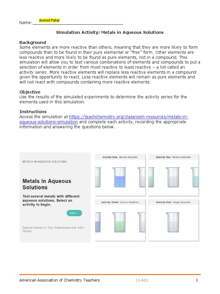 Metals in Aqueous Solution Virtual Lab Simulation | PDF