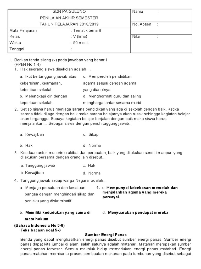 Soal Pas Kelas 5 Tema 6 | PDF