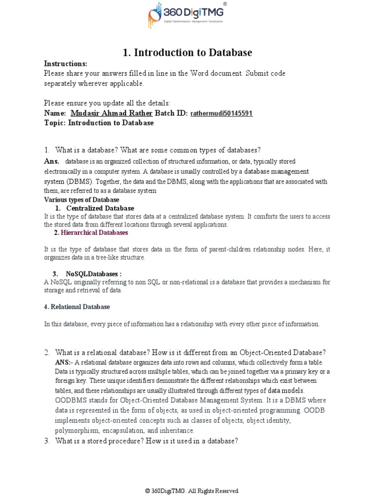Troduction To Database Assignment Pdf