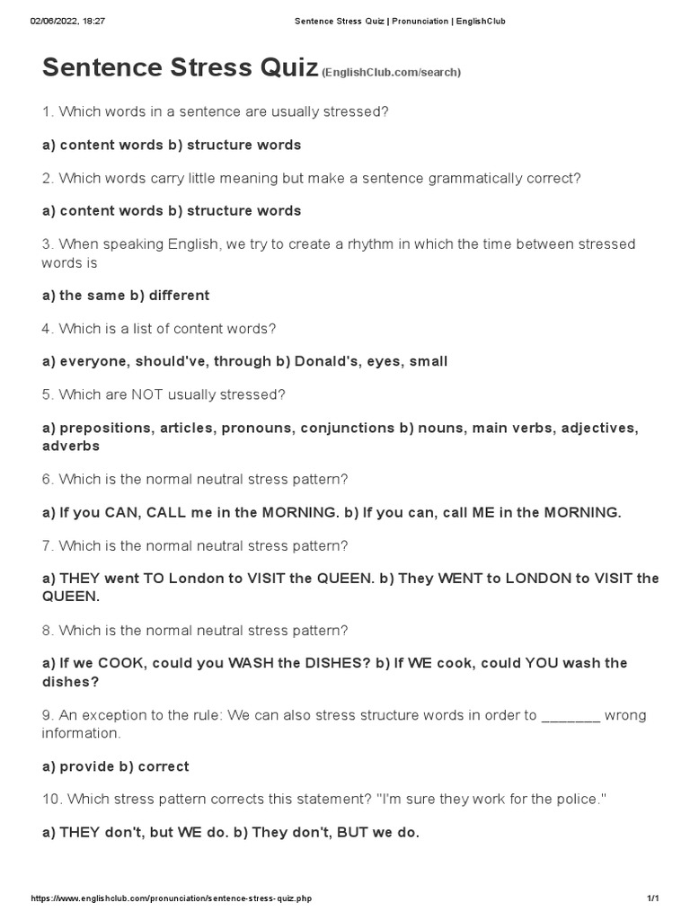 Sentence Stress Quiz Overview | PDF | Career & Growth