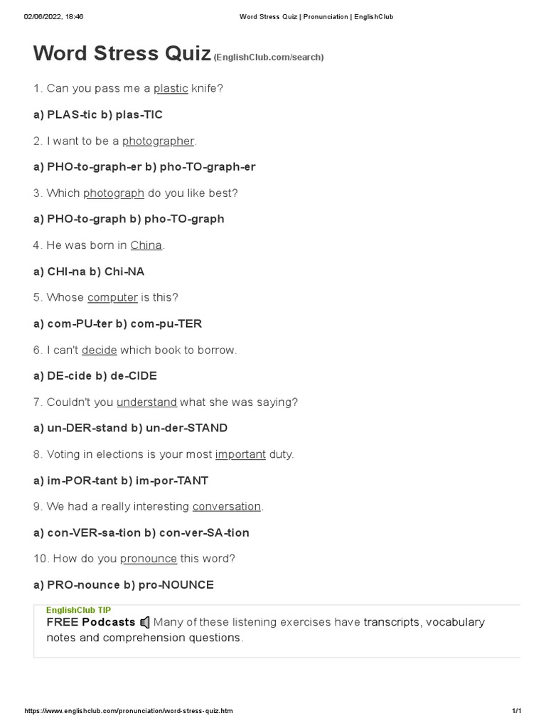 Word Stress Quiz for English Learners | PDF