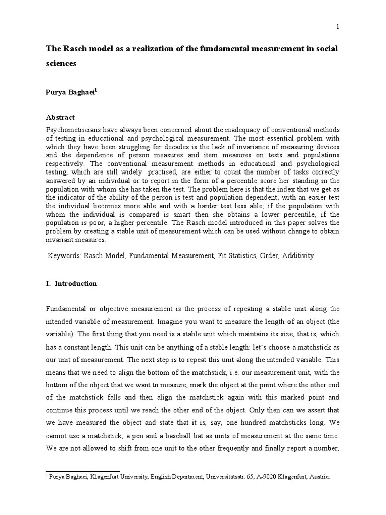 Baghai The Rasch Model As A Realization of The Fundamental Measurement ...