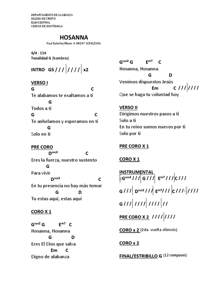 Letra y acordes de "Hosanna" | PDF | Adoración Cristiana Y Liturgia ...