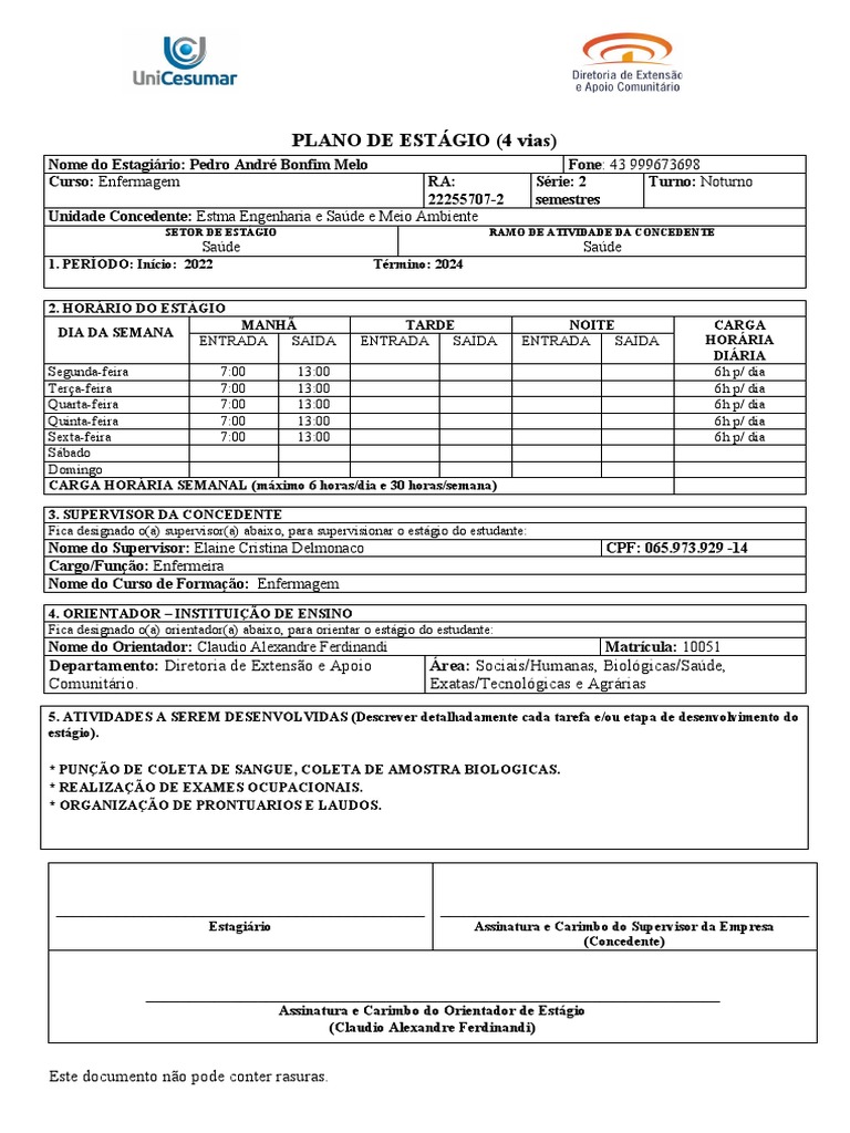 Plano de Estagio Original | PDF
