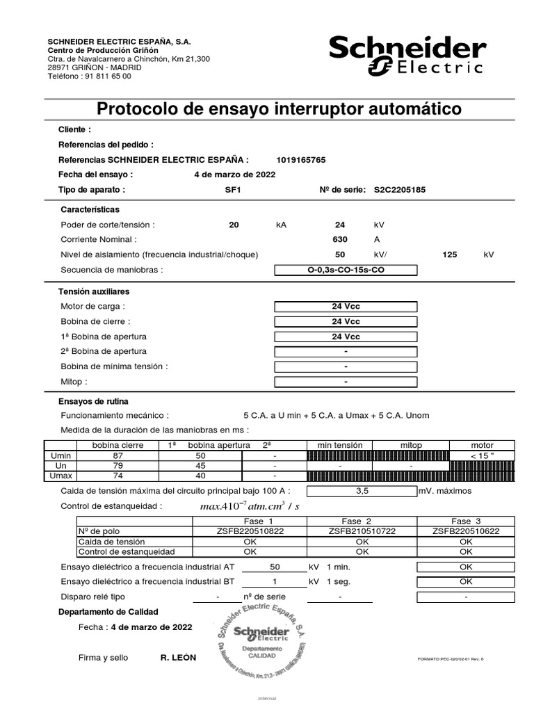 Protocolo de Pruebas Disyuntor SE1 - 1019165765 | PDF