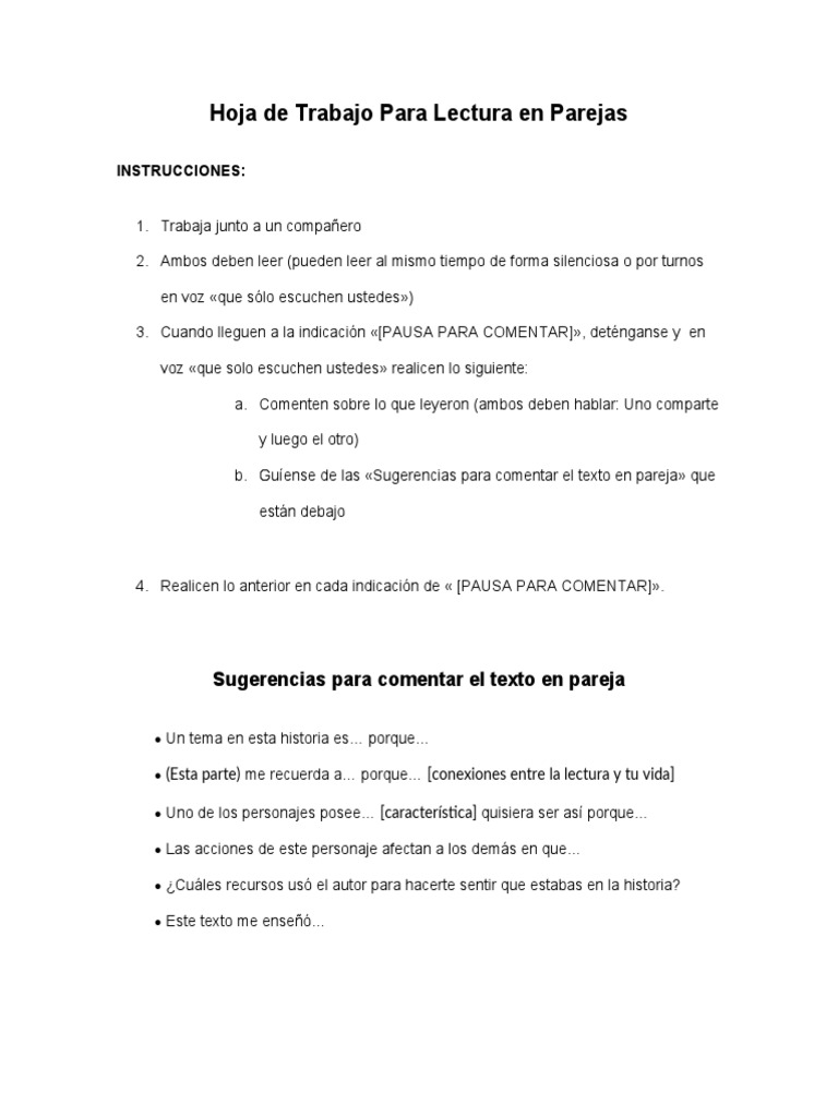 Hoja de Trabajo para Lectura en Parejas | PDF