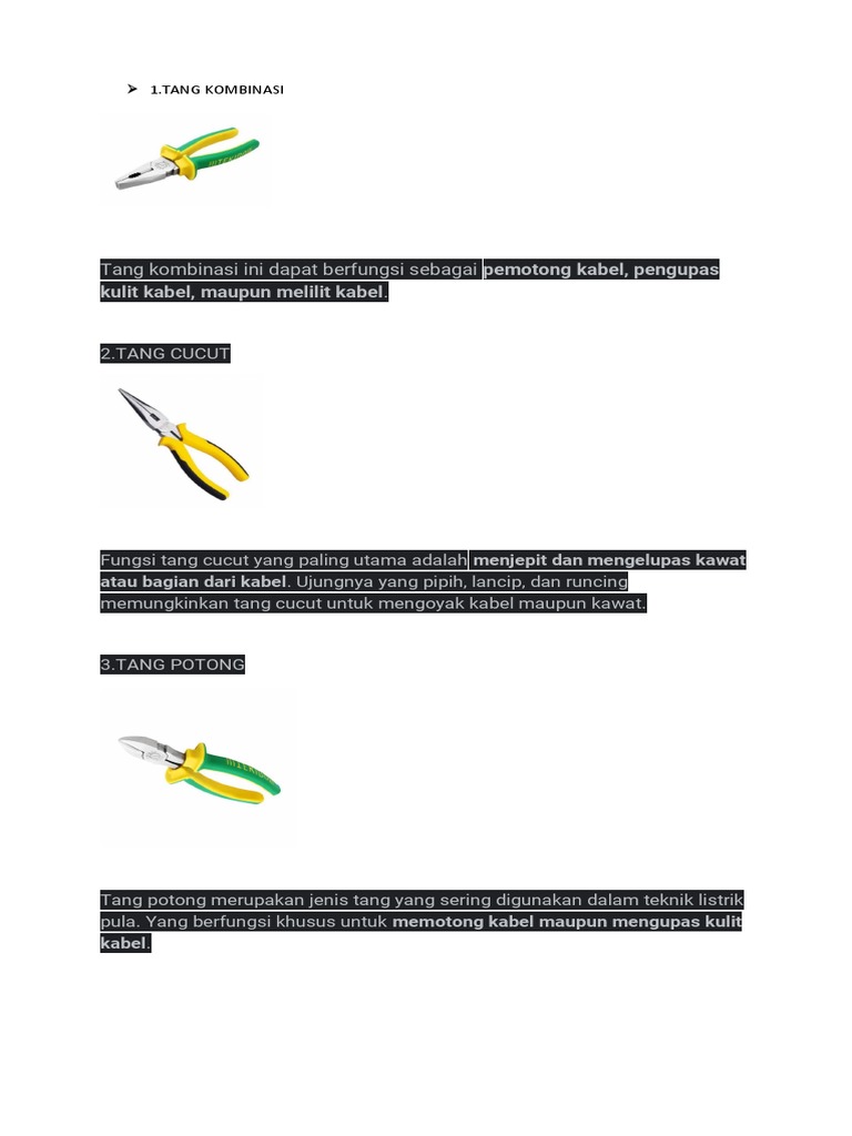 Tang Kombinasi Ini Dapat Berfungsi Sebagai Pemotong Kabel, Pengupas | PDF