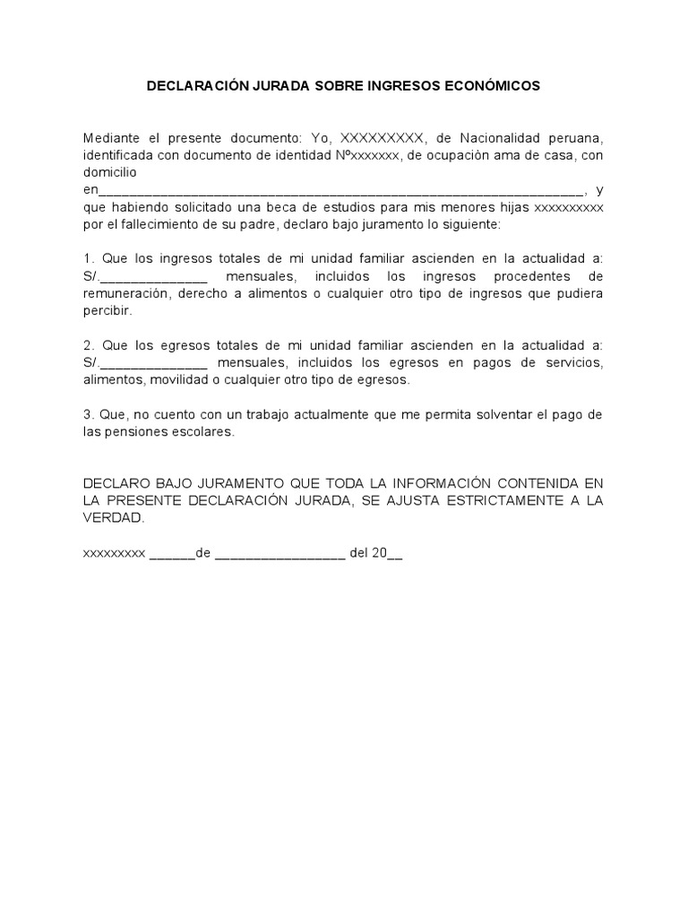 Declaración Jurada Sobre Ingresos Económicos | PDF