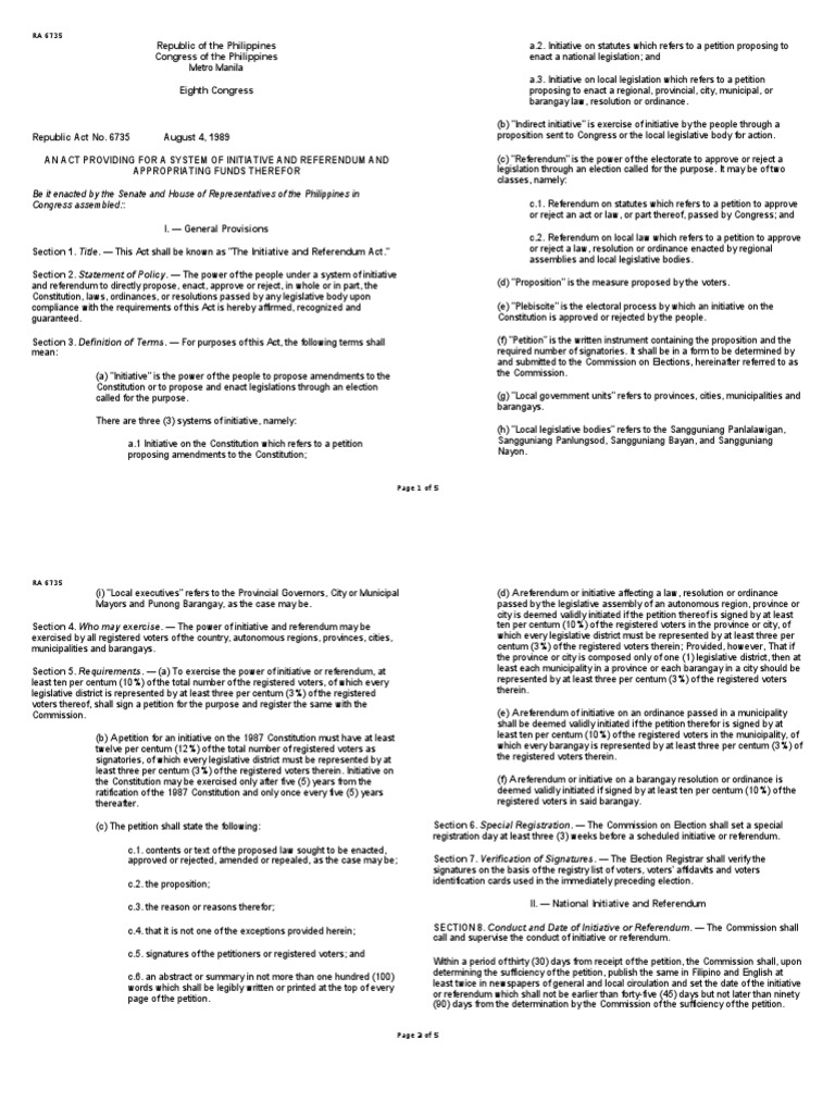 RA 6735 Initiative and Referendum Act | PDF | Initiative ...